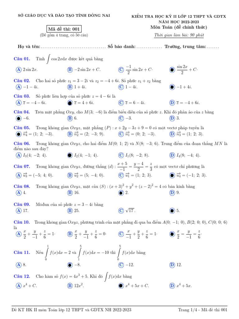 De Kiem Tra Hoc Ky 2 Toan 12 Nam 2022 2023 So GDDT Dong Nai | PDF
