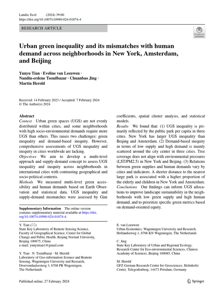 Urban Green Inequality and Its Mismatches With Human Demand Across ...