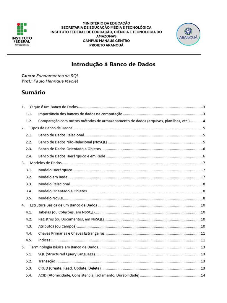 Introdução À Banco de Dados | PDF | No SQL | Bancos de dados