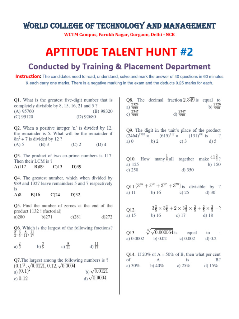 Aptitude Talent Hunt @WCTM 2 | PDF | Arithmetic | Mathematical Notation