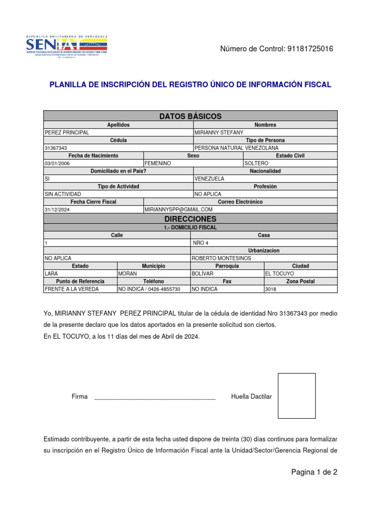Planilla Rif Mirianny | PDF