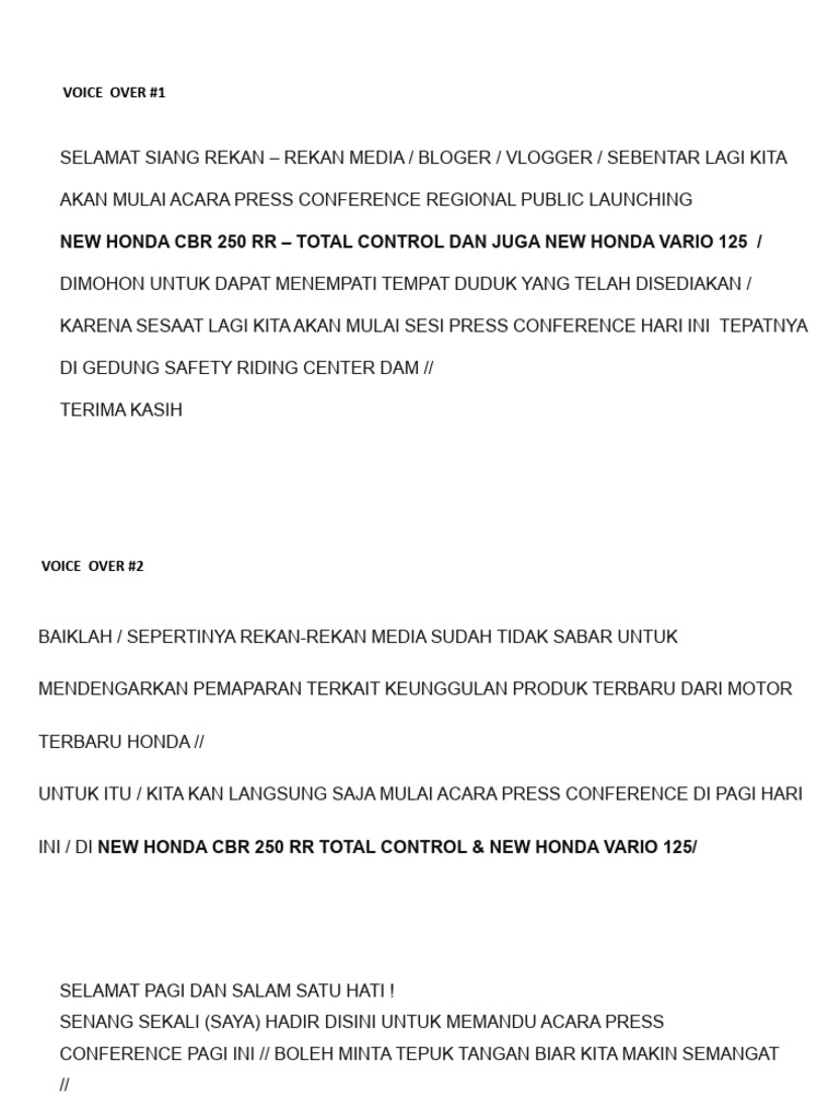 Script MC Press Conference - RPL New Honda CBR250RR | PDF | Bisnis