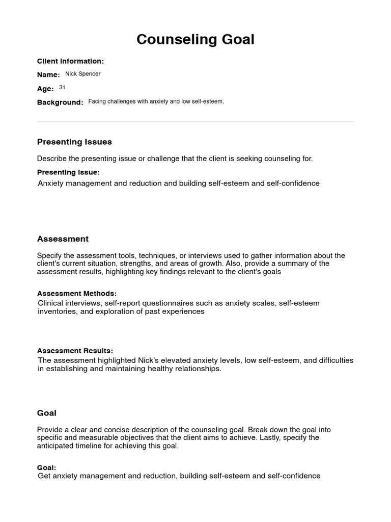Counseling Goal Template Example | Download Free PDF | Self Esteem ...