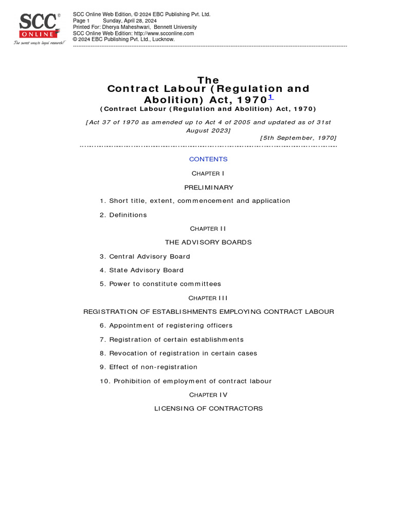Contract Labour Act, 1970 | PDF | Employment | Ships