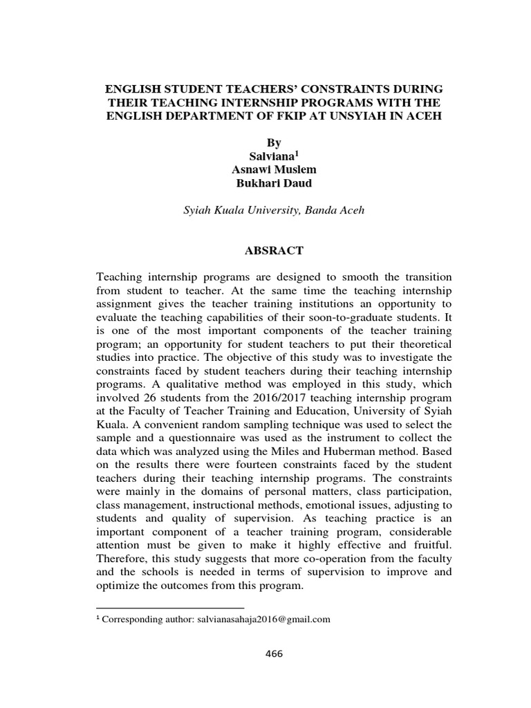 English Student Teachers' Constraints During Their Teaching Internship Programs With The English ...