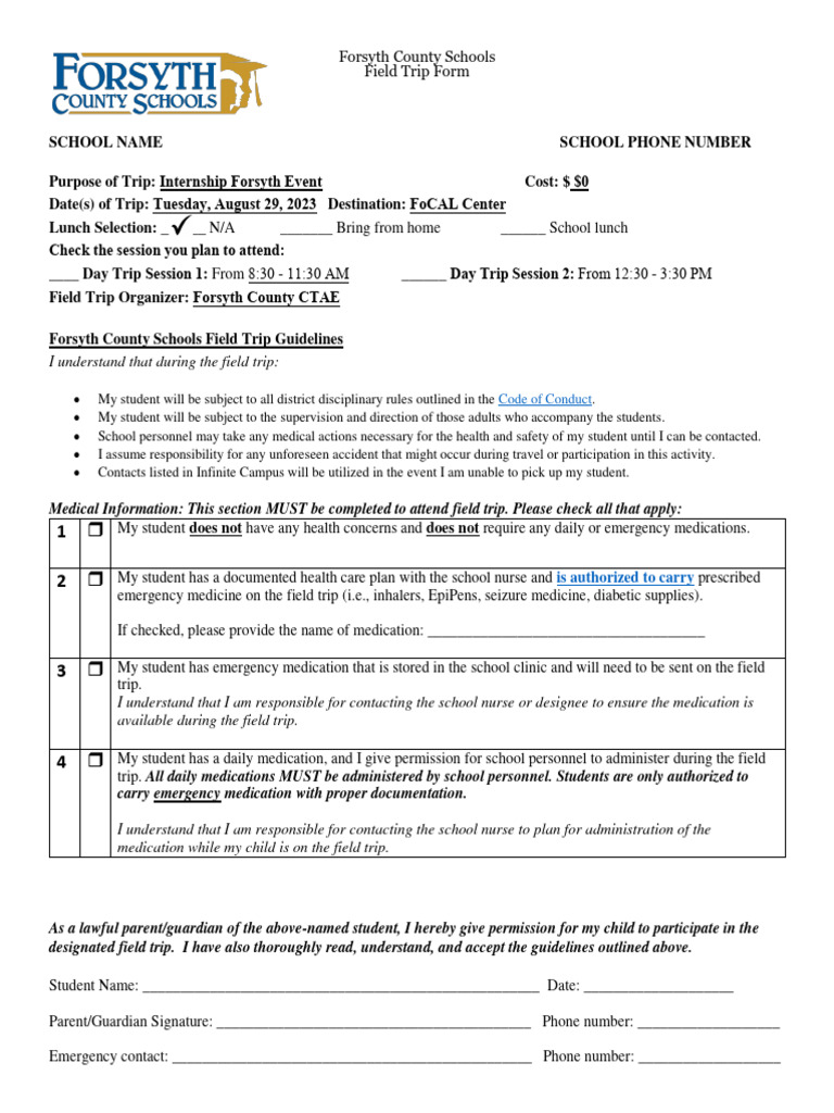 Forsyth County Field Trip Permission Form | PDF | Insurance | Health Care
