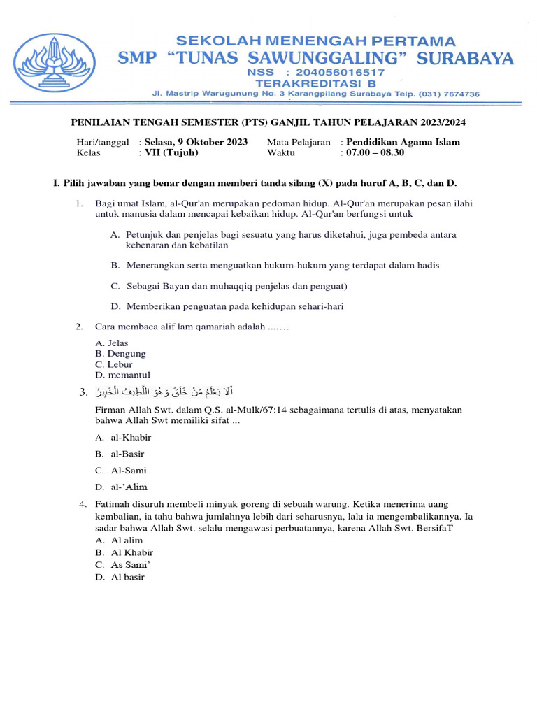 Soal PTS Ganjil PAI Kelas 7-2-6 | PDF
