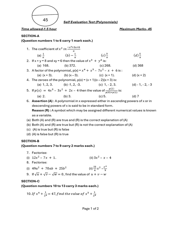 Self Evaluation Test (Polynomials) | PDF | Polynomial | Computational ...