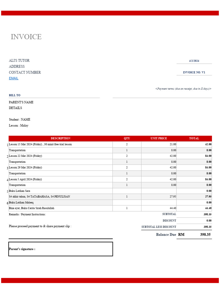 Invoice V1 - Sample Invoice Tutor Lesson Malay | PDF | Business Documents