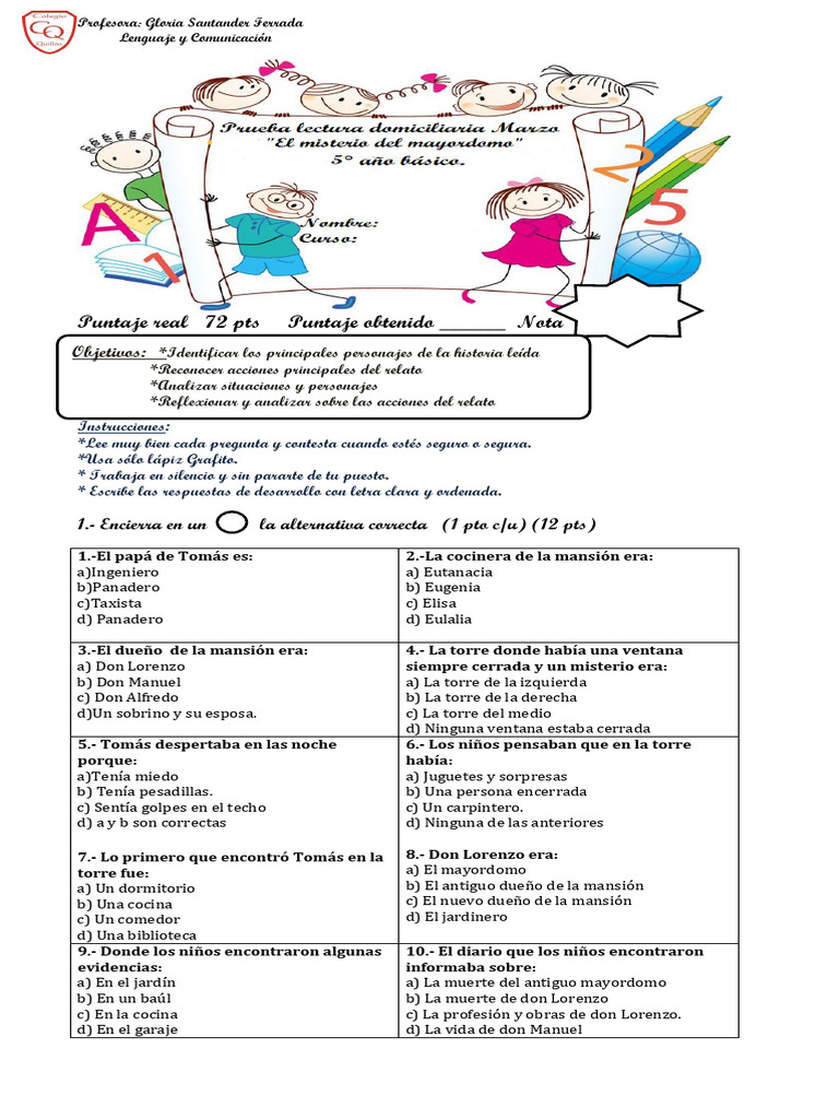Examen de Lectura: El Misterio del Mayordomo | PDF