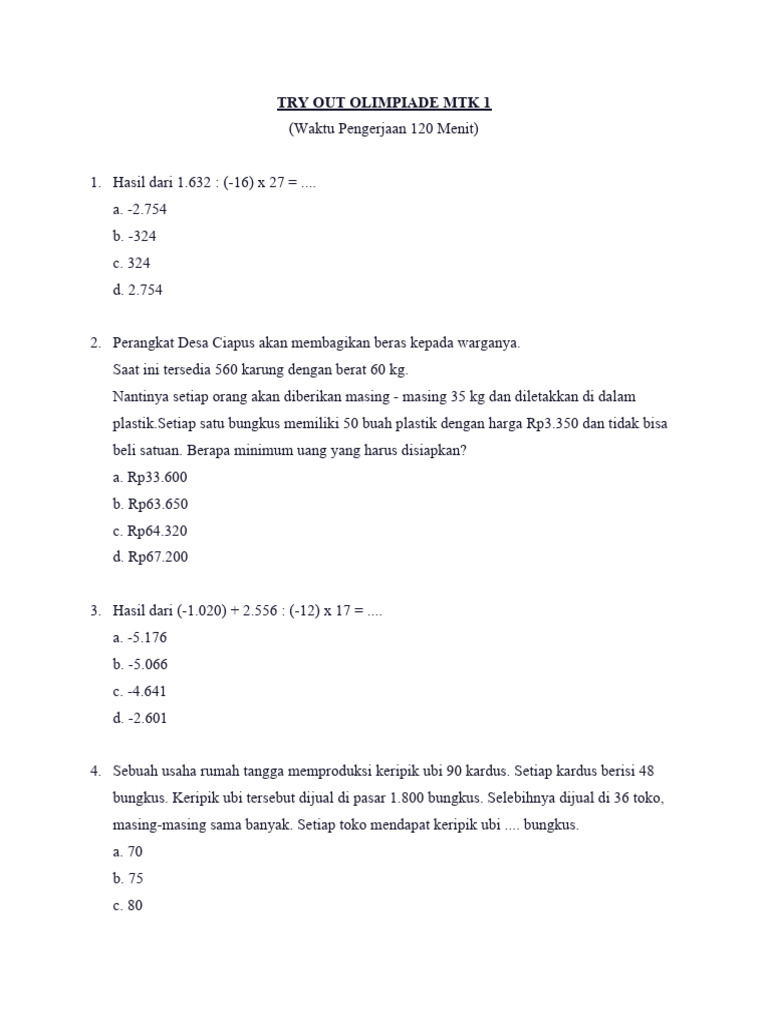 Try Out MTK 1 | PDF | Griya & Taman