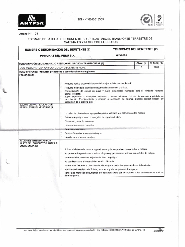Hoja Resumen de Seguridad de Transportista (MATPEL Pintura Ignifuga ...