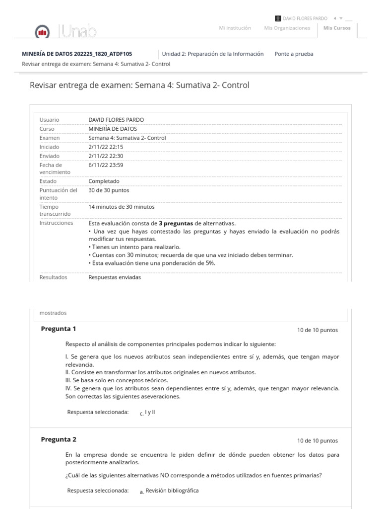 MINERIA DE DATOS Revisar Entrega de Examen - Semana 4 - Sumativa 2 - Control &.. | PDF ...