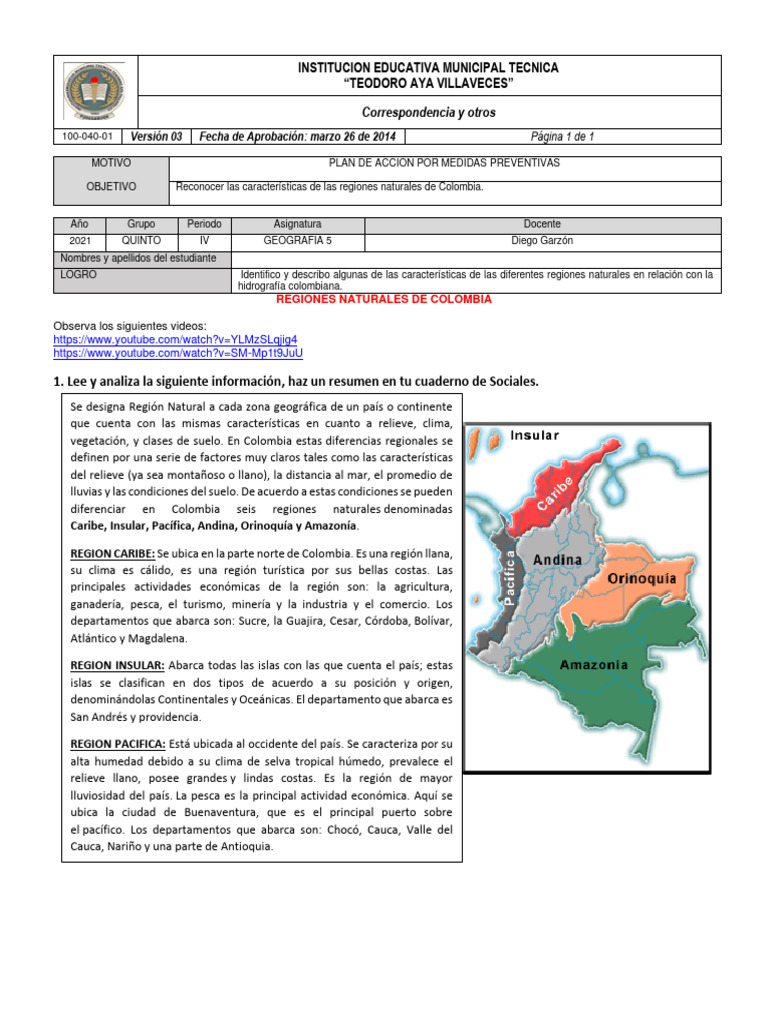 5° GEOGRAFIA GUIA 5 Regiones Naturales de Colombia PERIODO IV | Descargar gratis PDF | Colombia ...