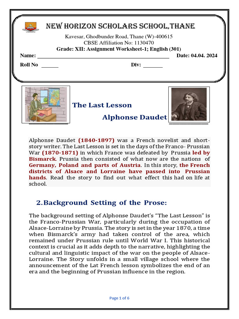 Mansi Jani - Assignment Worksheet-1 The Last Lesson, Flamingo Prose | PDF