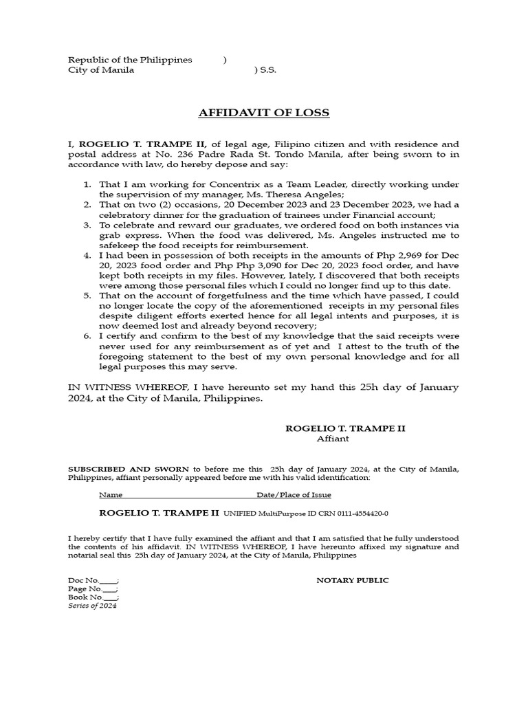 Affidavit of Loss for Food Receipts | PDF | Affidavit | Civil Law ...