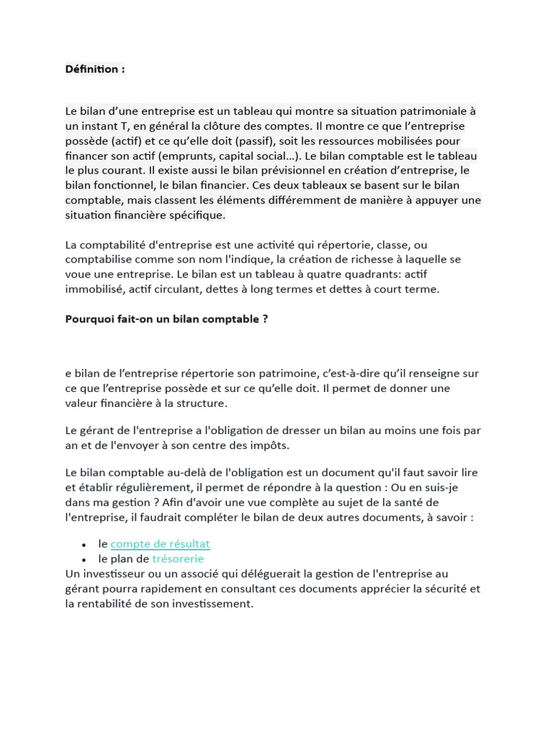 Comprendre le bilan comptable d'entreprise | PDF | Bilan comptable ...