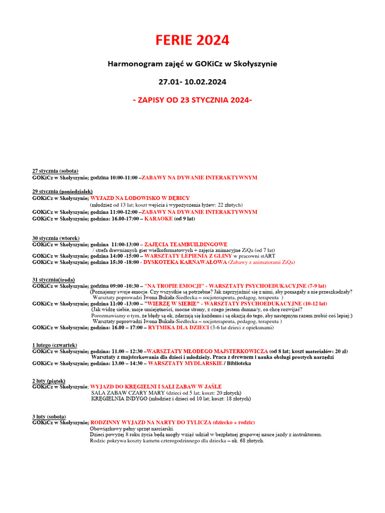 Harmonogram Zajec W Gokicz Ferie 2024 | PDF