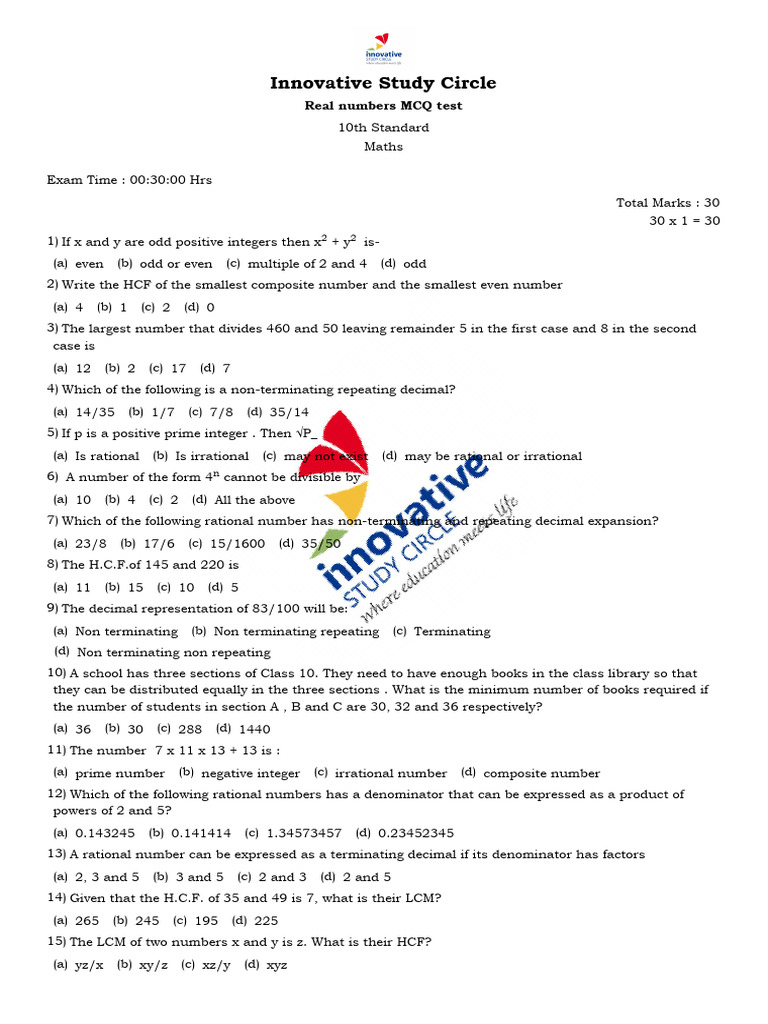 Real Numbers MCQ Test | PDF | Numbers | Rational Number
