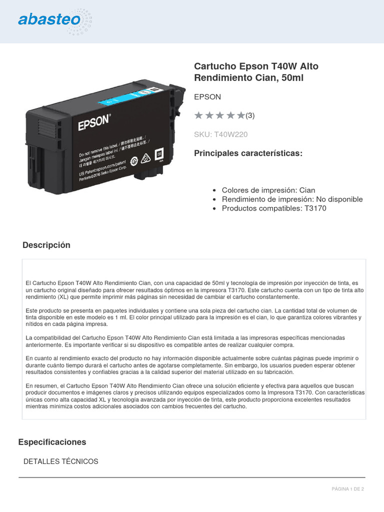 Cartucho Epson T40W Cian 50ml XL | PDF | Impresora (Computación) | Tinta