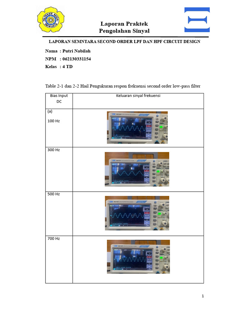 Laporan Sementara Second Order LPF Dan HPF Circuit Design | PDF
