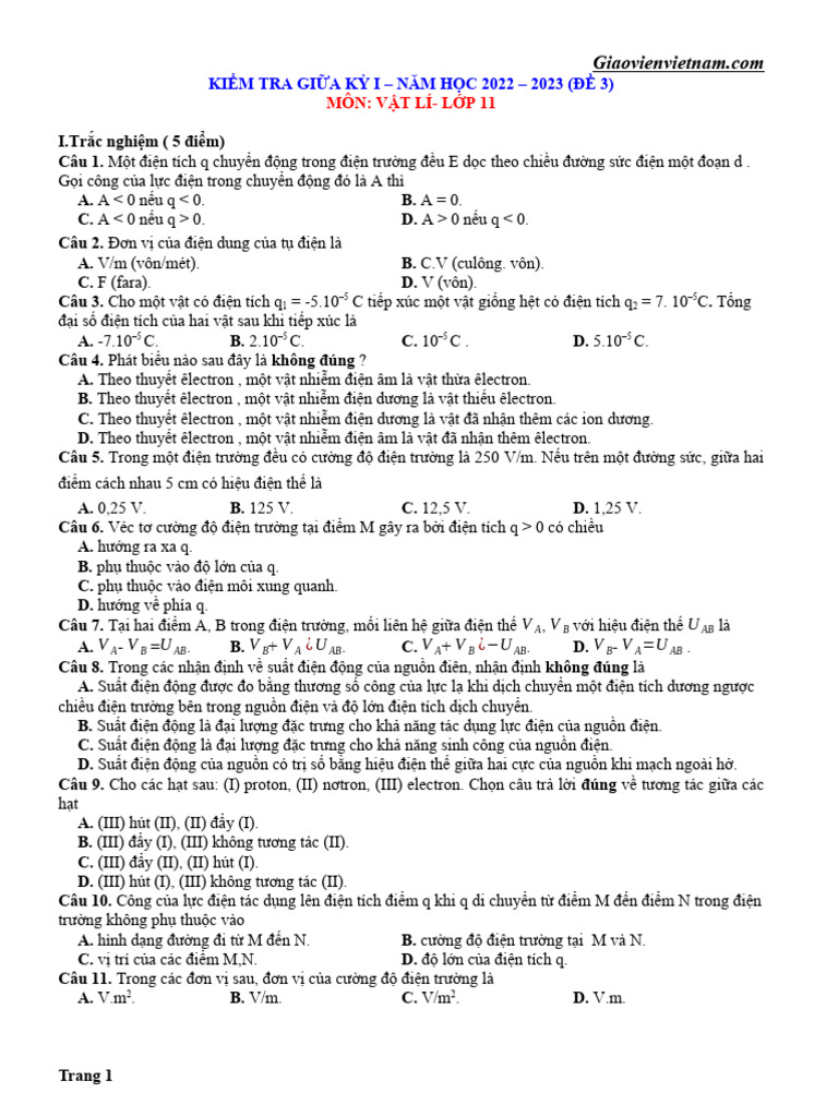 De Thi Giua HK1 Mon Ly 11 Nam 22 23 de 3 | PDF