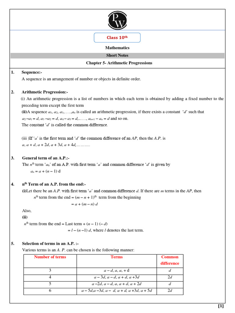 Arithmetic Progression - Short Notes | Download Free PDF | Mean ...