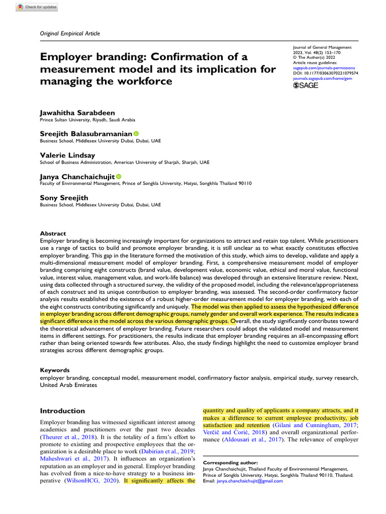 Employer branding: Confirmation of a measurement model and its ...