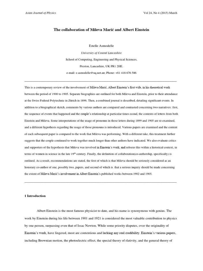 The Collaboration of Mileva Marić and Albert Einstein | PDF | Albert ...