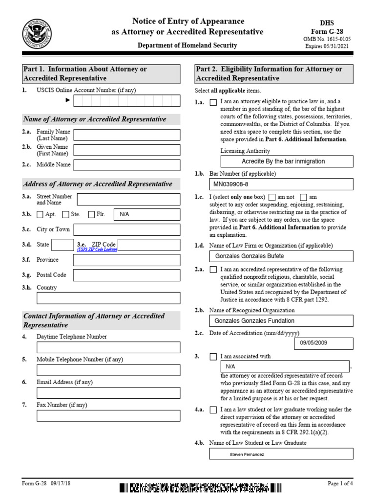 Formulario G28 | PDF | United States Citizenship And Immigration ...