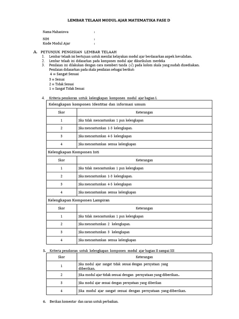 Instrumen Telaah Modul Ajar MTK KM | PDF