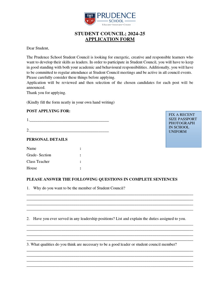 STUDENT COUNCIL APPLICATION FORM | PDF | Leadership | Learning