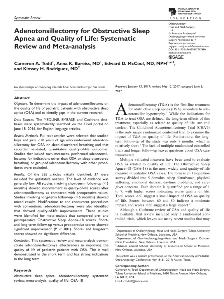 Adenotonsillectomy For Obstructive Sleep | PDF | Systematic Review ...