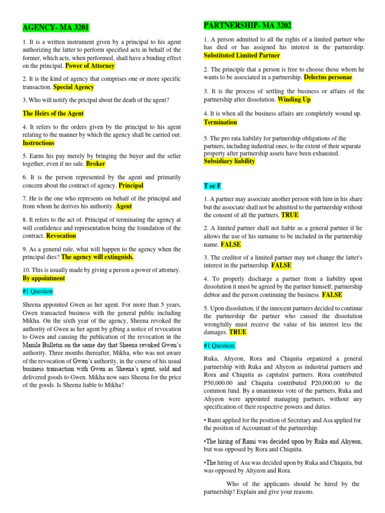 Law Reviewer | PDF | Law Of Agency | Legal Liability