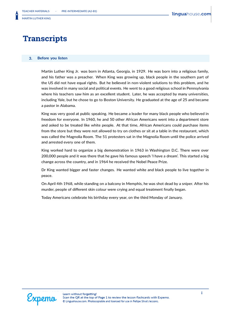 Transcript Martin Luther King | PDF | Martin Luther King Jr.