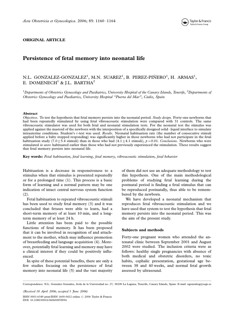 Persistence of Fetal Memory Into Neonatal Life | PDF | Prenatal ...