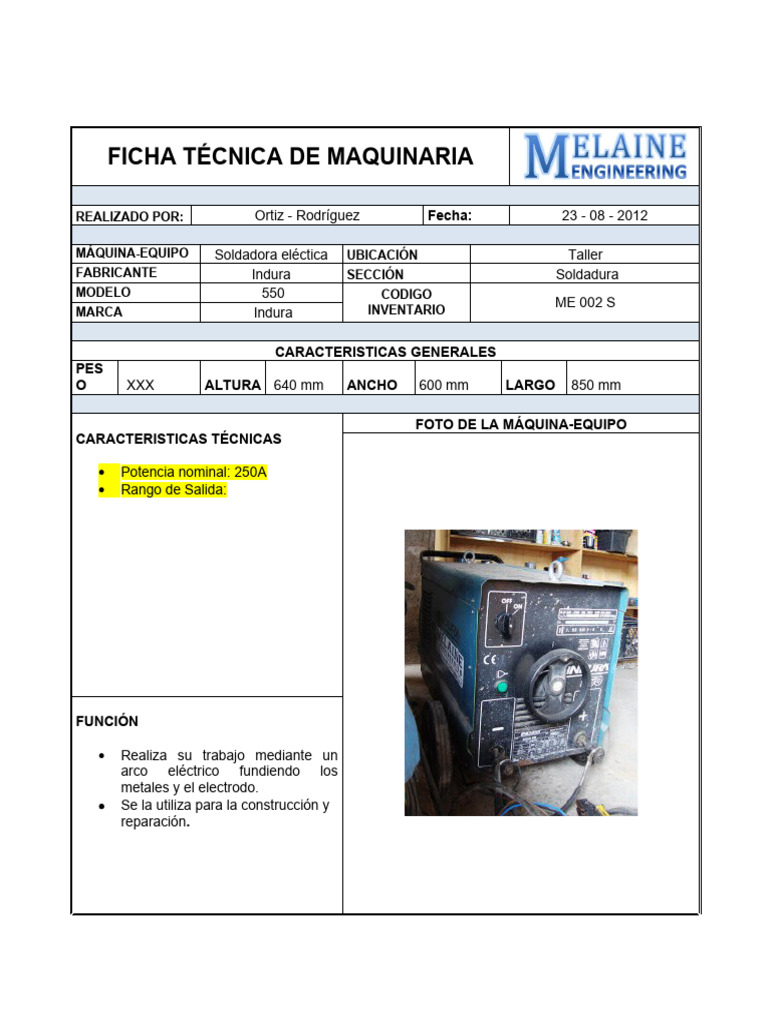Ficha Tecnica de Maquinaria | PDF | Soldadura | Construcción Ficha Tecnica de Maquinaria | PDF | Soldadura | Construcción
