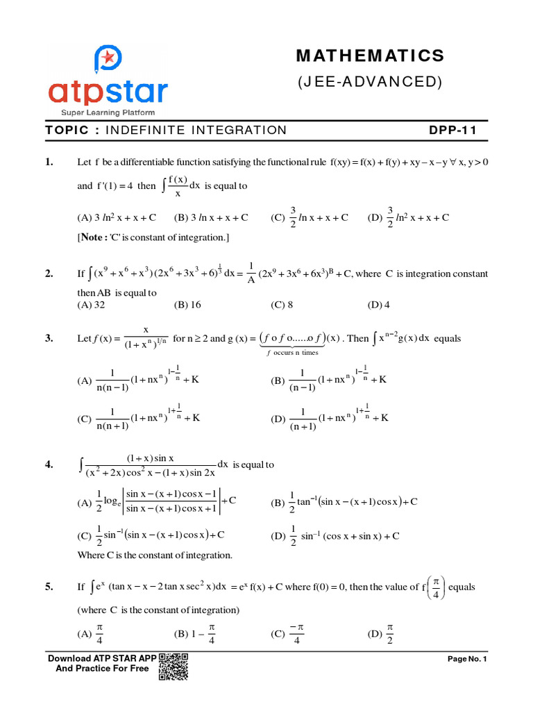 11 Indefinite Integration DPP 11 | PDF | Zero Of A Function | Trigonometric Functions