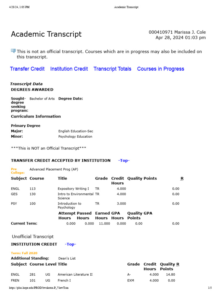 Unofficial Academic Transcript | PDF | Course Credit