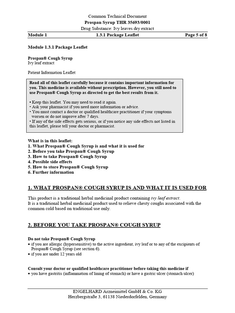 Prospan Syrup-FT-ENGELHARD Arzneimittel GMBH Co 2015 | PDF | Dose ...