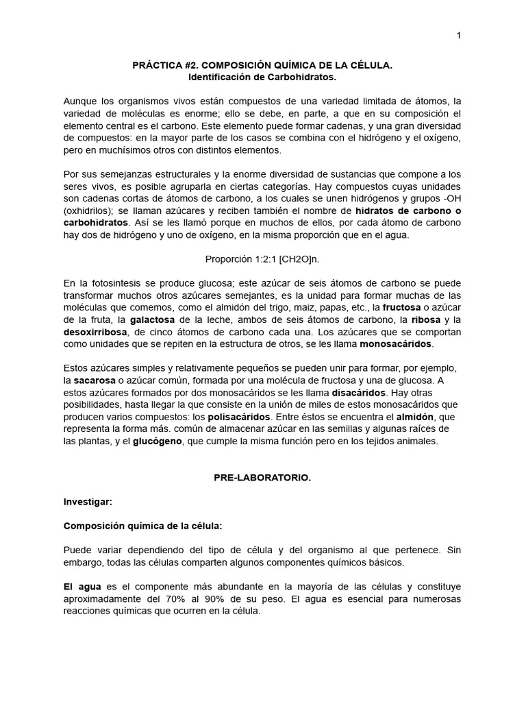 Composición Química de La Celula, Carbohidratos Laboratorio de Biología ... Composición Química de La Celula, Carbohidratos Laboratorio de Biología ...