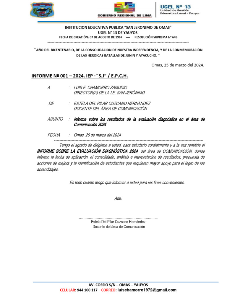 Modelo de Informe #001 Evaluacion Diagnostica - 2024 | PDF | Cognición | Conceptos psicologicos