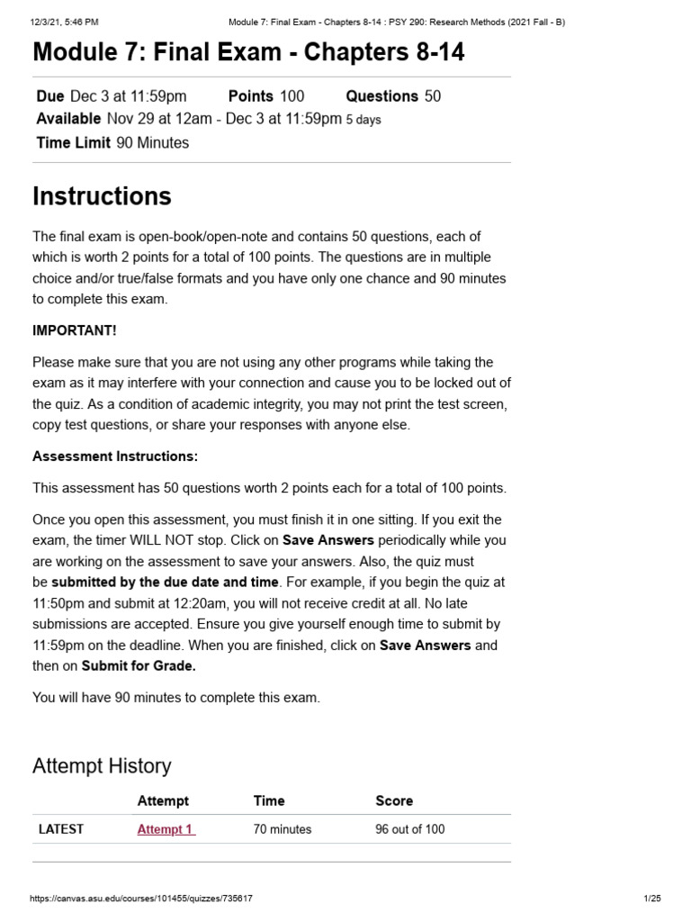 Module 7 Final Exam Chapters 8 14 PSY 290 Research Methods 2021 Fall B ...