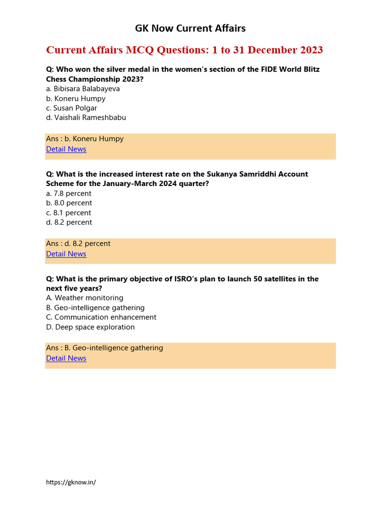 Monthly Current Affairs MCQ 1 To 31 December 2023 English | PDF