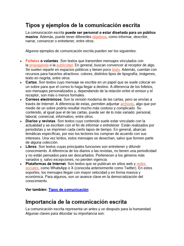 Tipos y Ejemplos de La Comunicación Escrita | PDF | Comunicación | Escritura