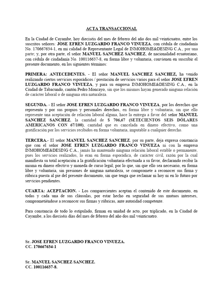 ACTA TRANSACCIONAL - 2024 | PDF | Documento de identidad