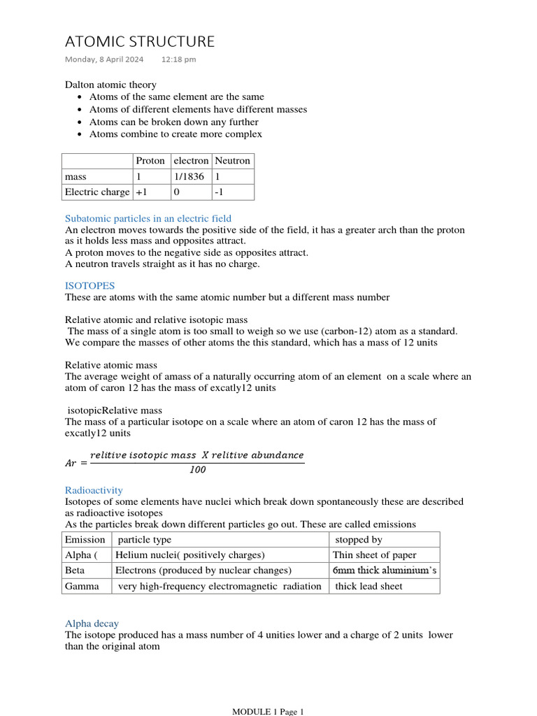ATOMIC STRUCTURE | PDF | Atoms | Emission Spectrum