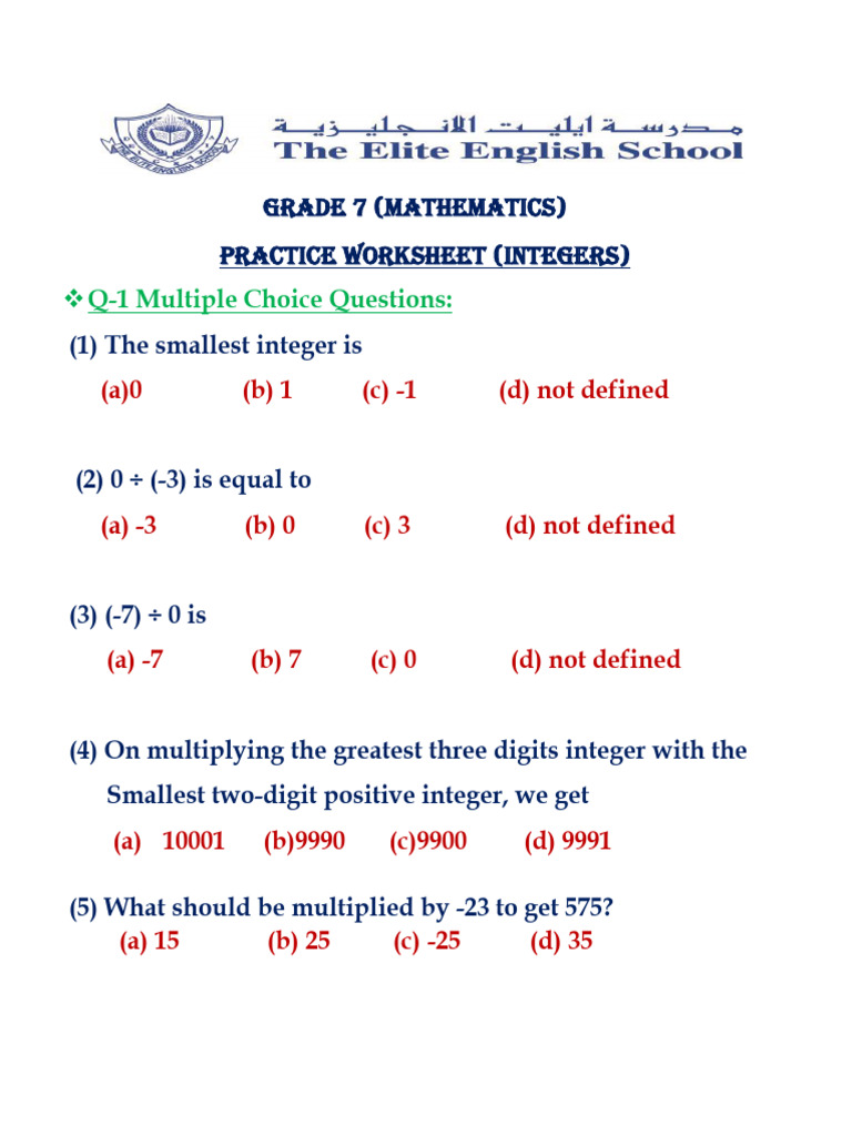 Grade 7 Integers Practice Worksheet | PDF