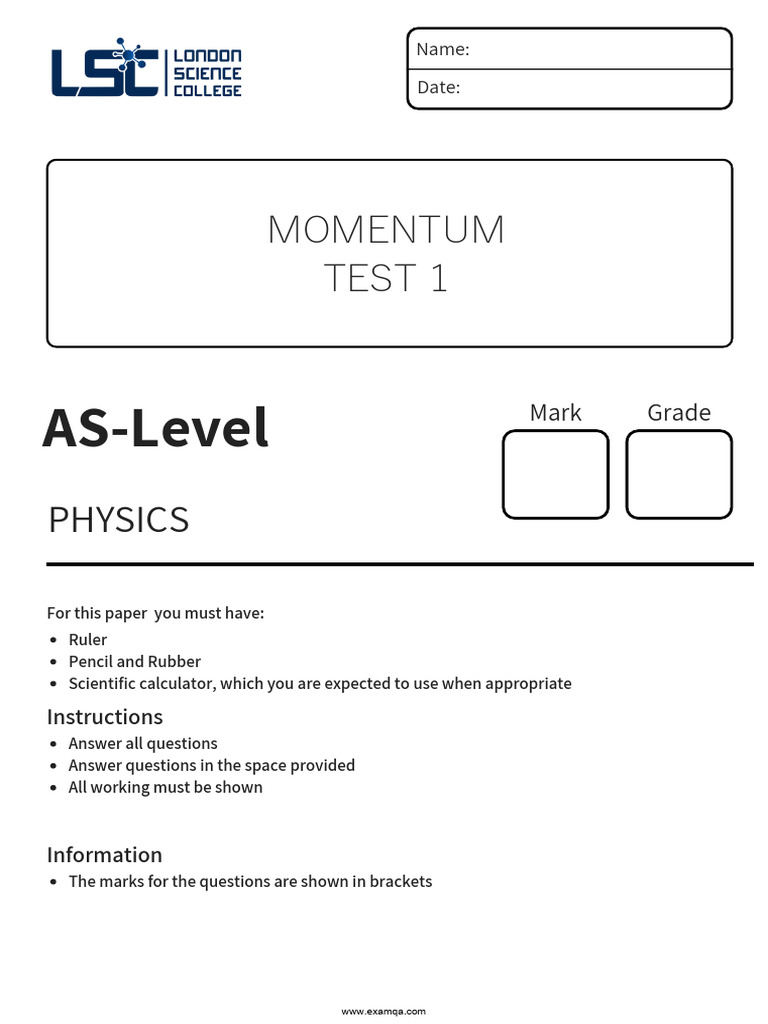 AS-Level Momentum Test Questions | PDF | Collision | Force