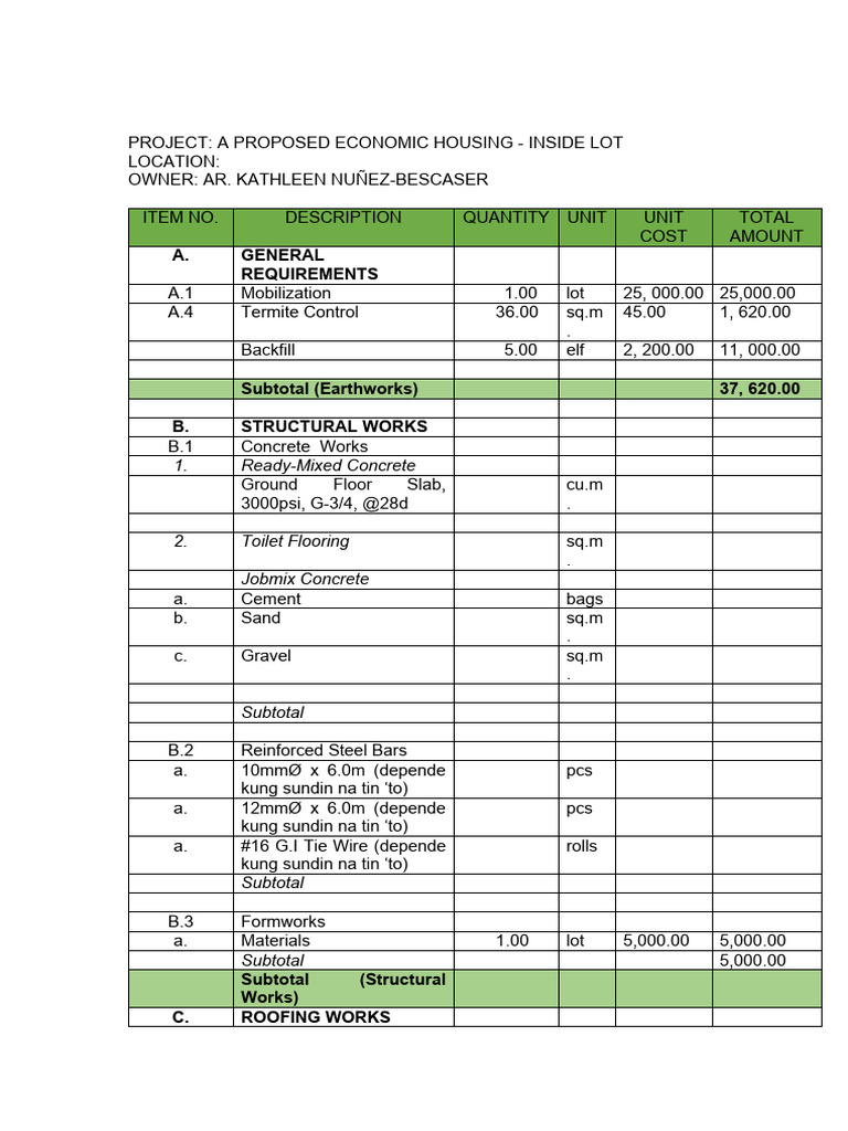 Bill of Materials - Economic Housing - Inside Lot | Download Free PDF | Concrete | Door